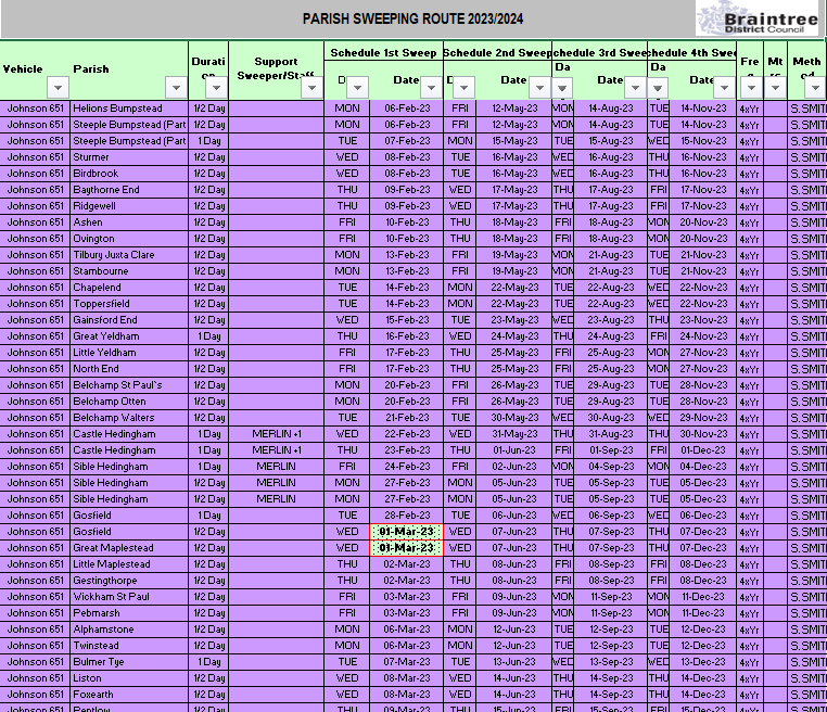 Parish Sweep Schedule 2023/24 – Braintree District Council