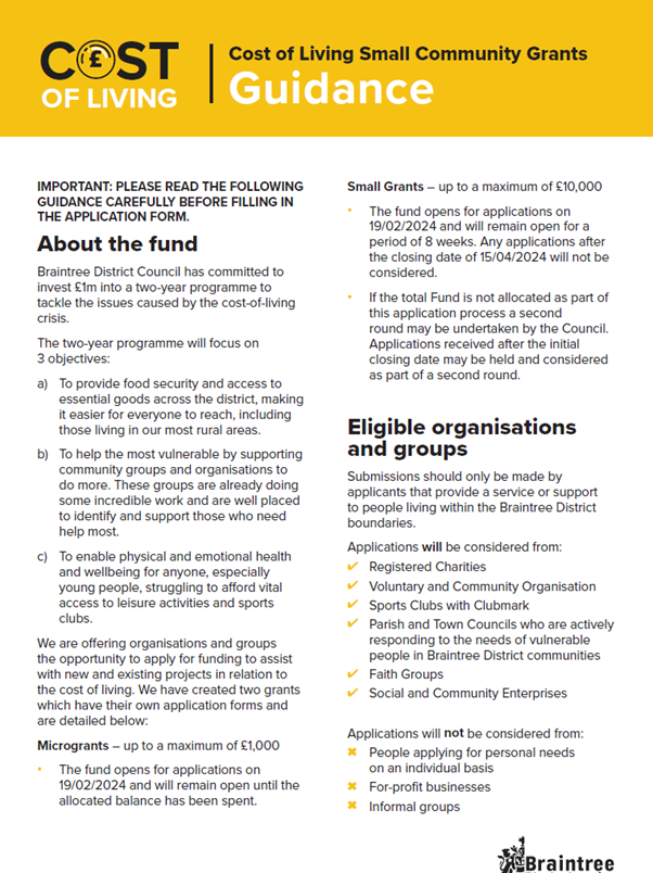 Cost of Living Small Community Grants Guidance – Braintree District Council