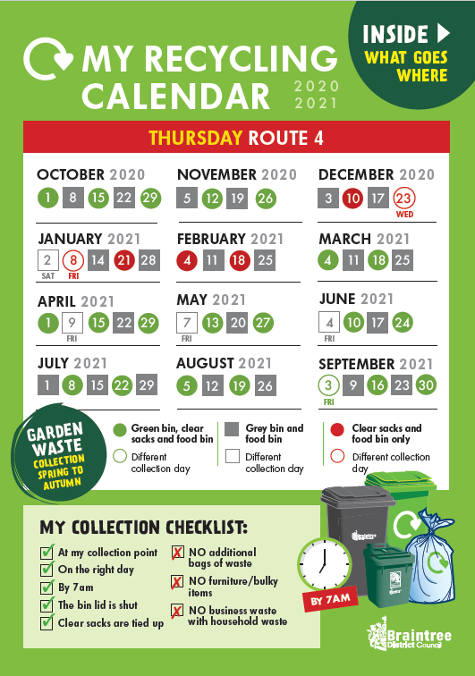 Route 4 collection calendar download – Braintree District Council